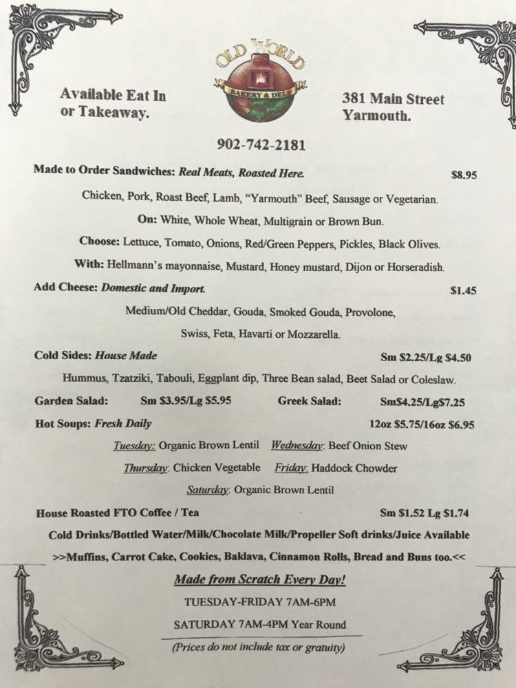 Menu at Old World Bakery And Deli, Yarmouth