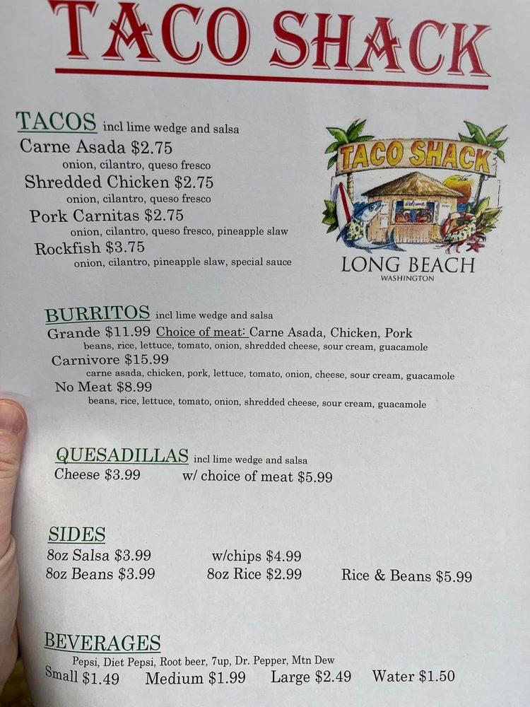 Menu at Taco Shack restaurant, Long Beach