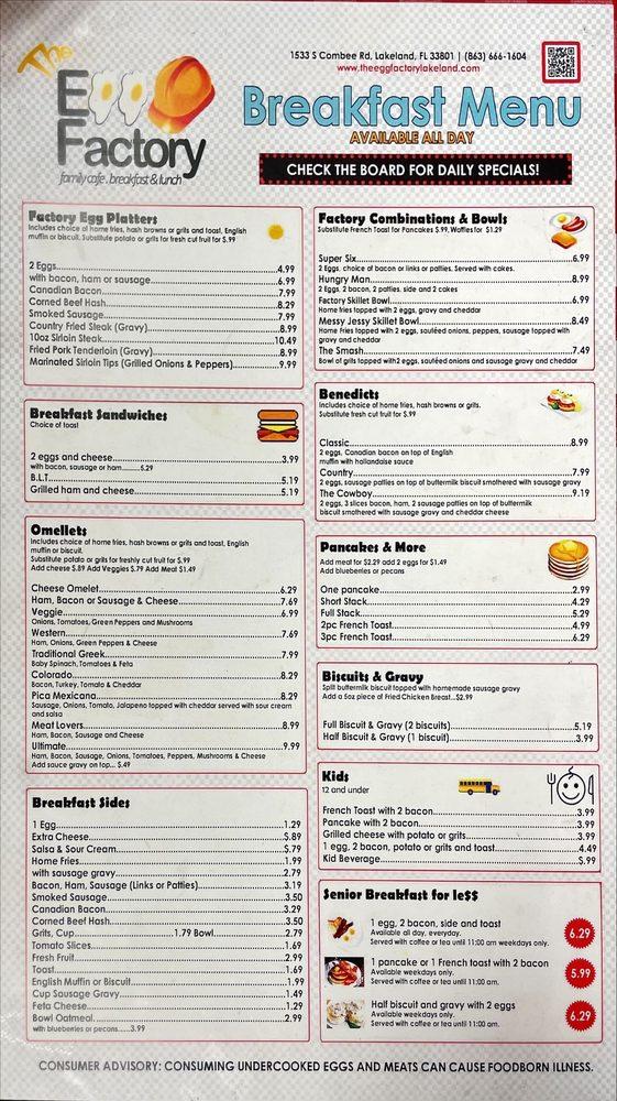 Menu at The Egg Factory restaurant, Lakeland, S Combee Rd