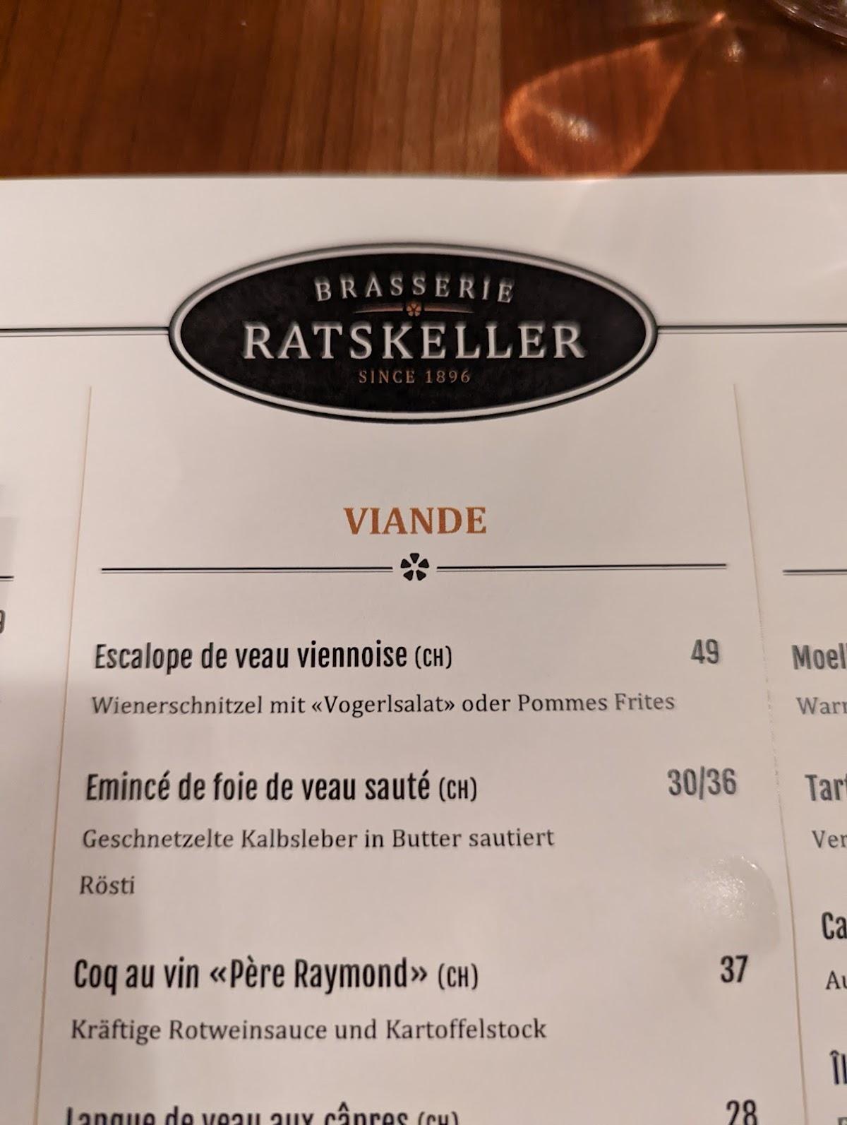 Menu at Brasserie Ratskeller, Bern, Gerechtigkeitsgasse 81