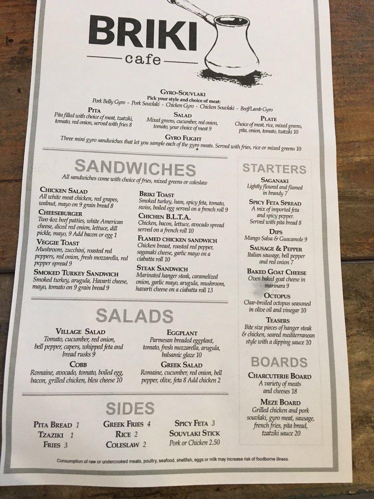 Menu at Briki Cafe, Addison