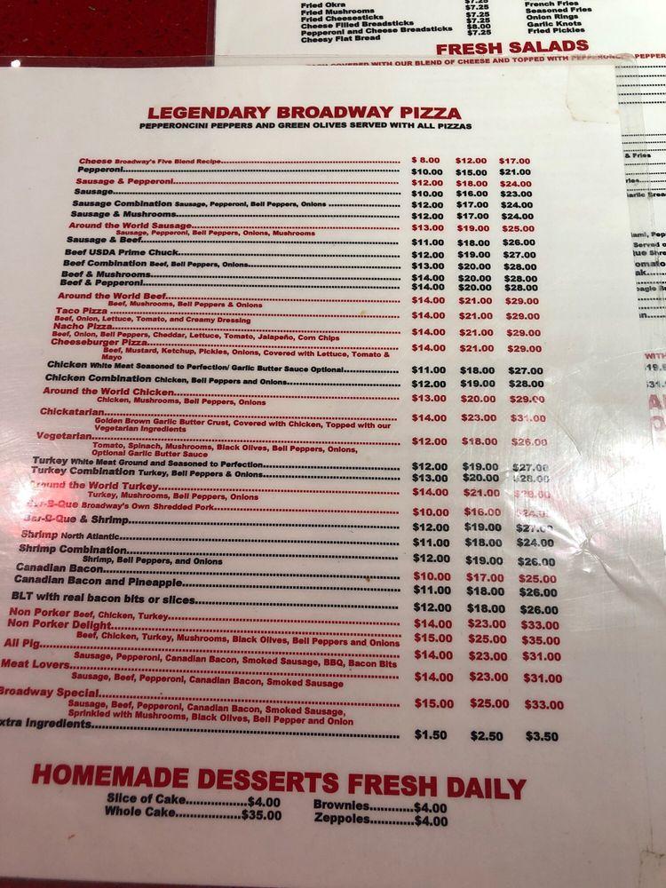 Menu at Broadway Pizza East pizzeria, Memphis, 629 S Mendenhall Rd