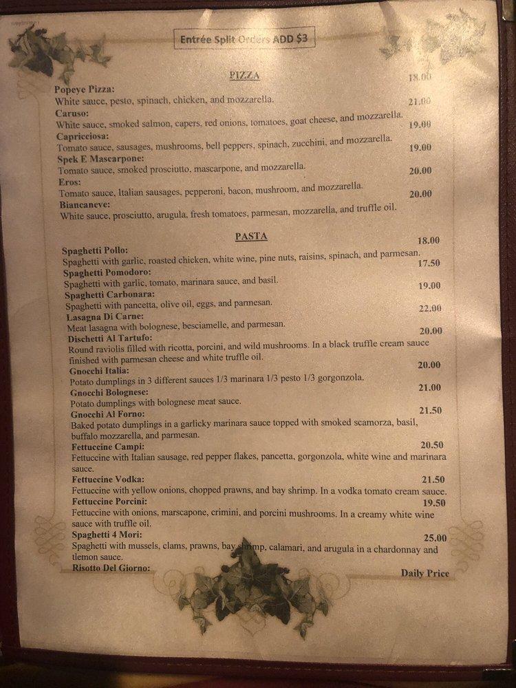 Menu at Caruso's Tuscan Cuisine pizzeria, Capitola