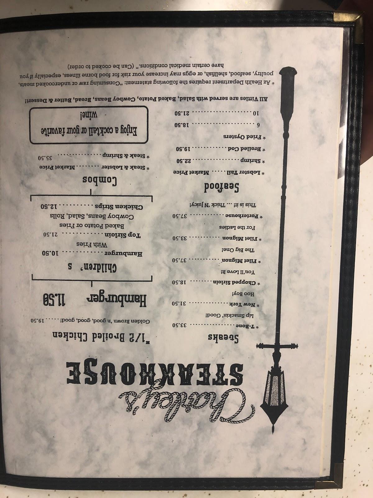 Menu at Charley's Steak House steakhouse, Wickenburg