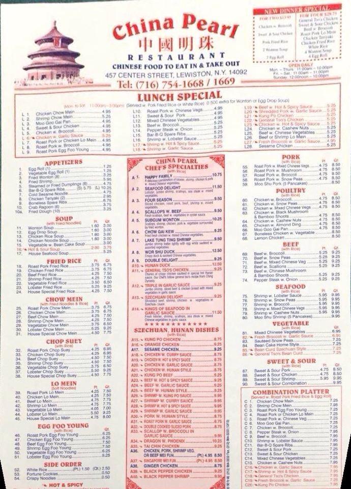 Menu at China Pearl restaurant, Lewiston