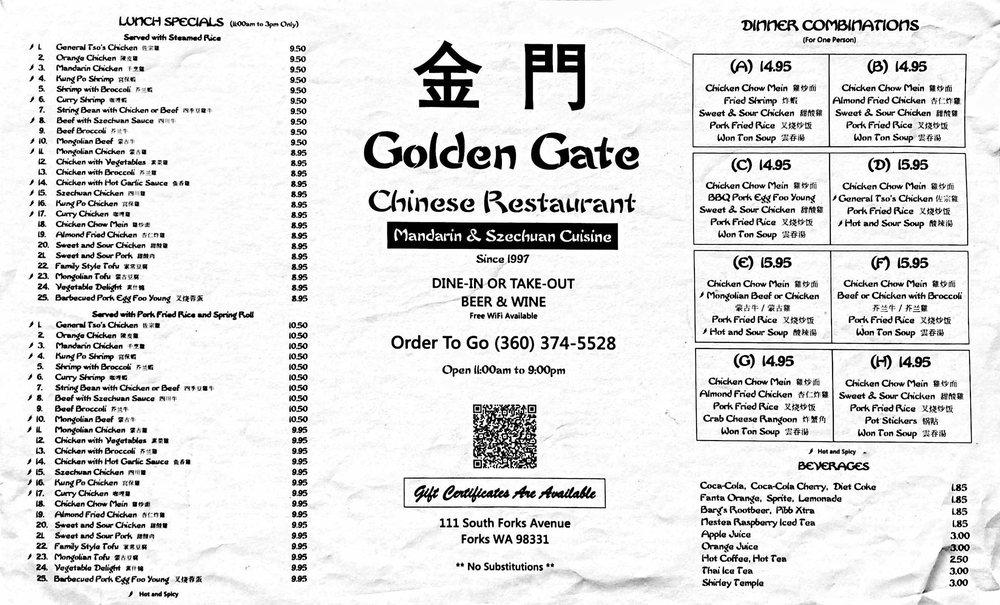 Menu at Golden Gate restaurant, Forks
