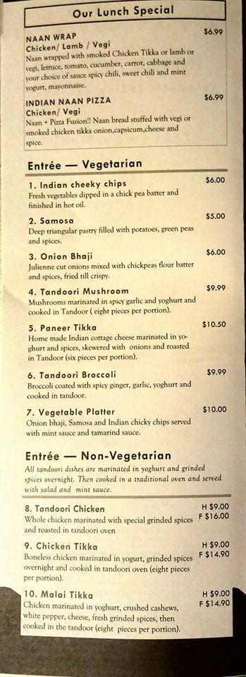 Menu at Indian Pavilion restaurant, Tauranga