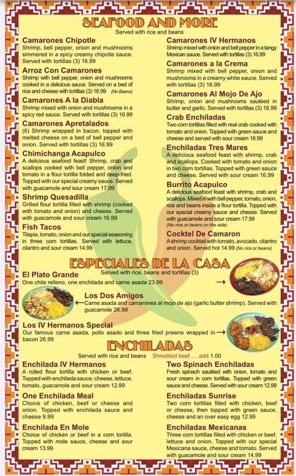 Menu at Los IV Hermanos restaurant, Ocean Shores