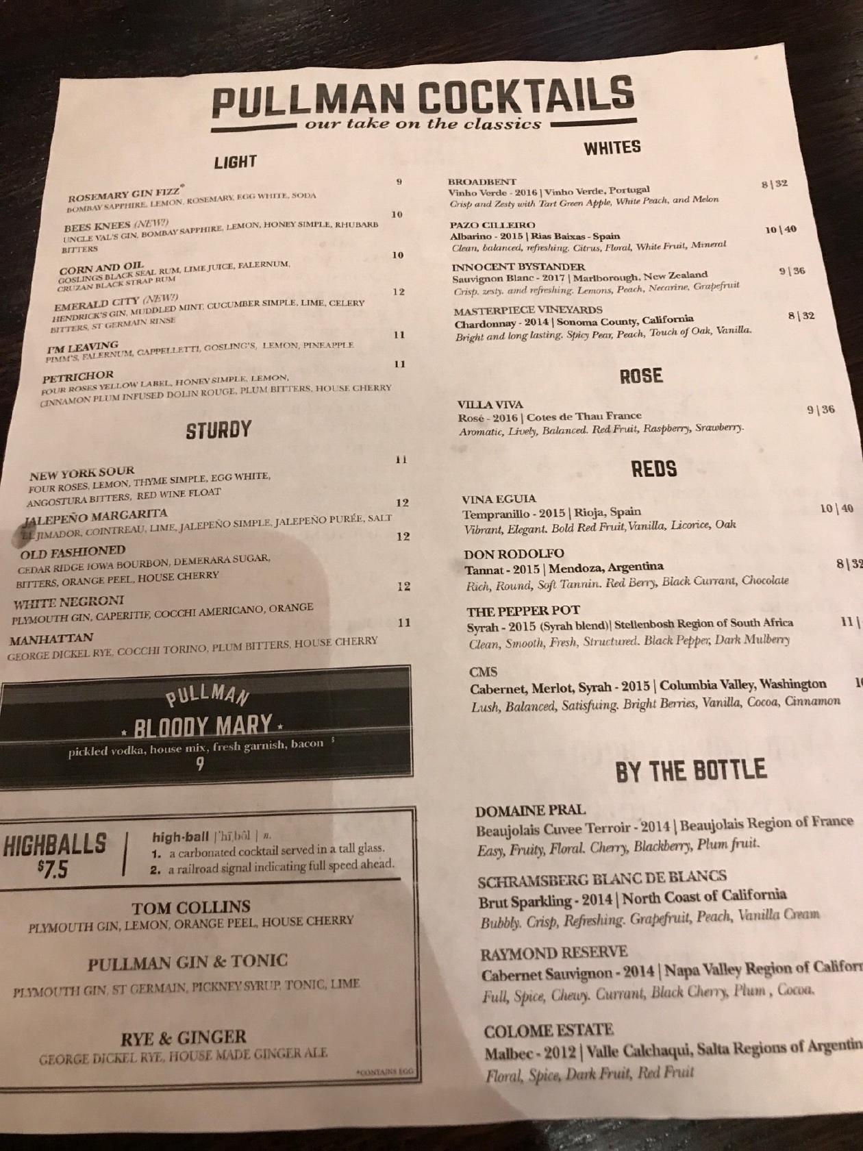 Menu at Pullman Bar & Diner, Iowa City