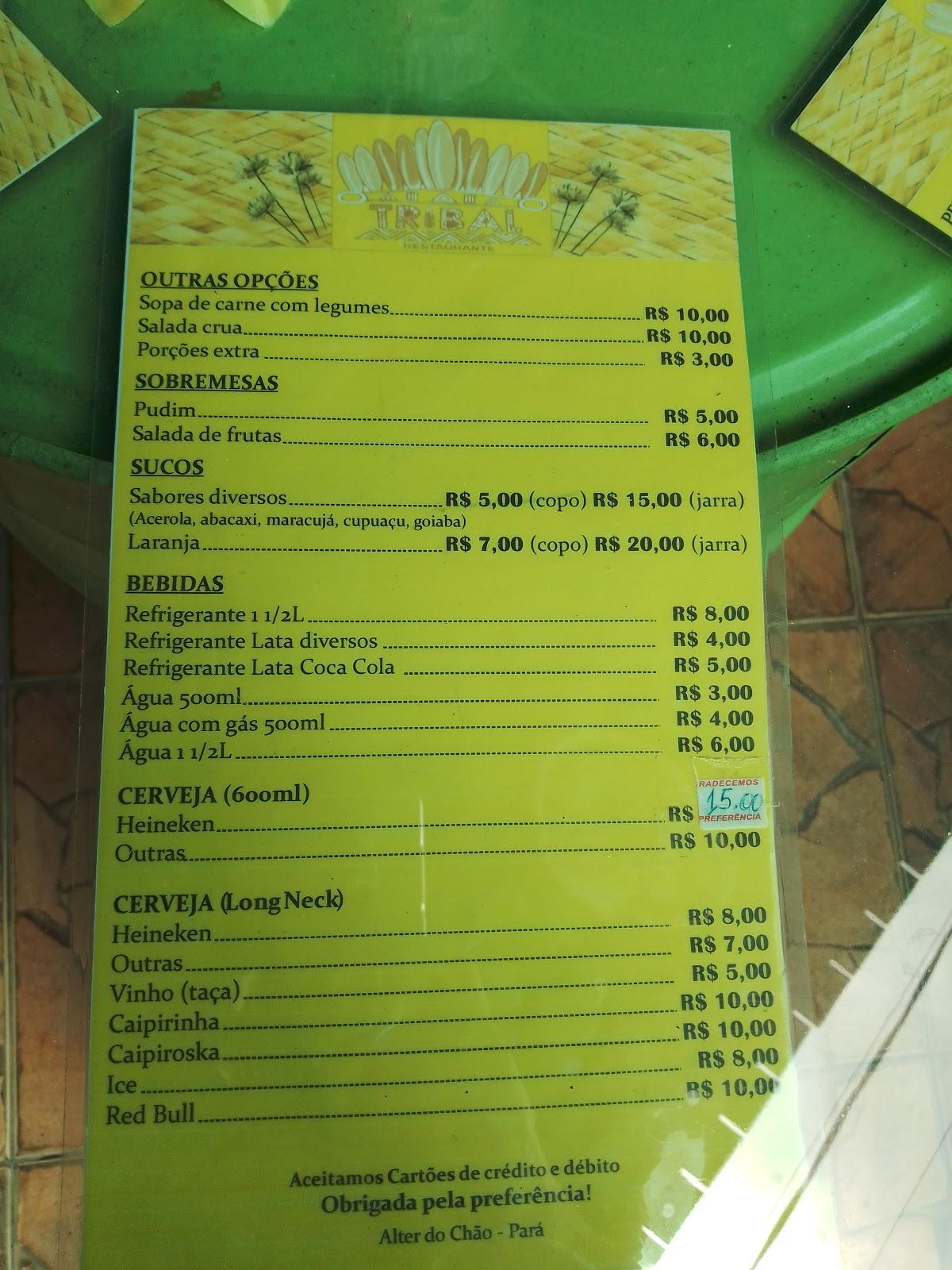 Menu at Restaurante Tribal, Alter do Chão, Tv. Antônio Agostinho Lobato