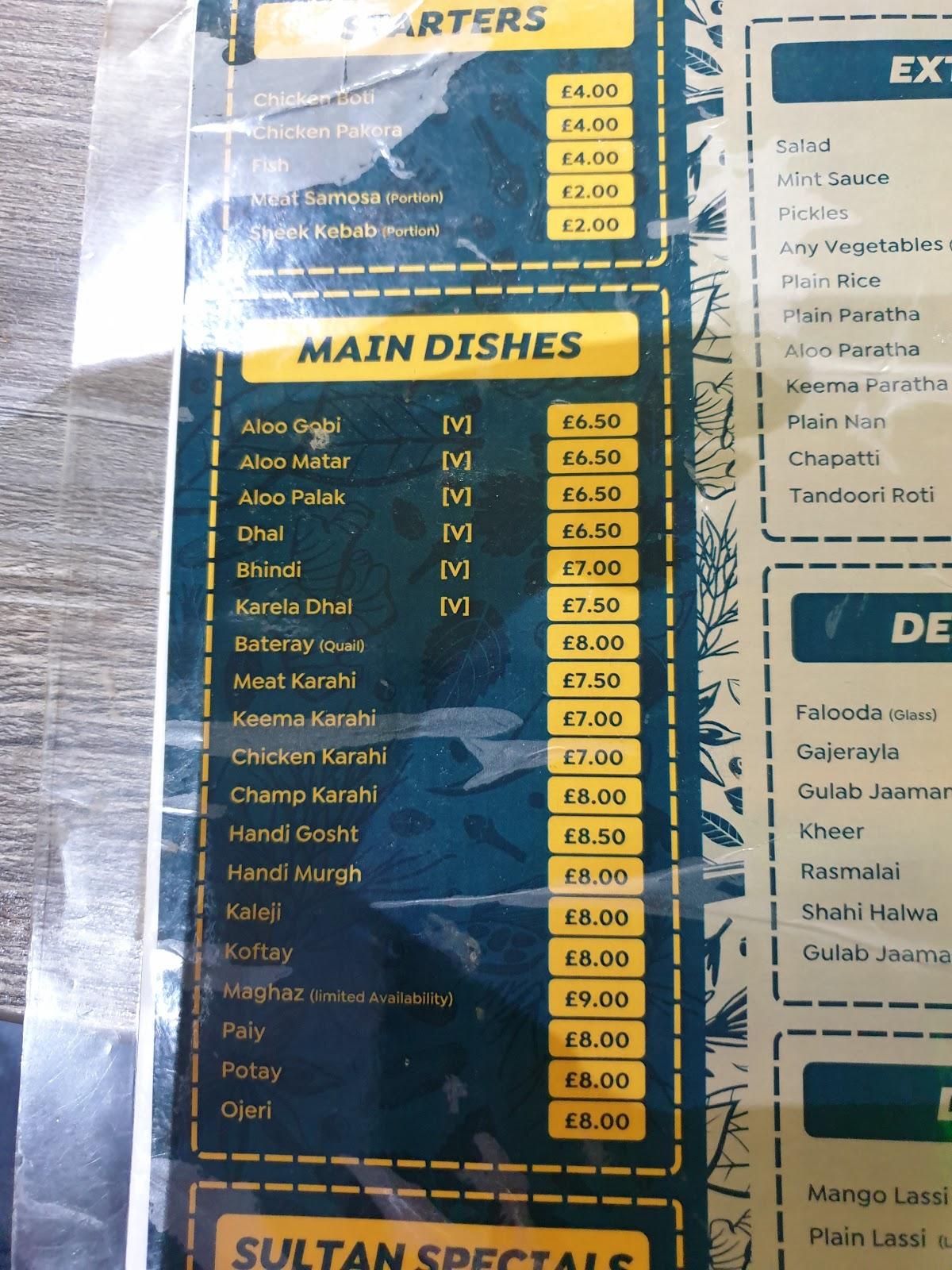 Menu at Sultans Restaurant, Bradford