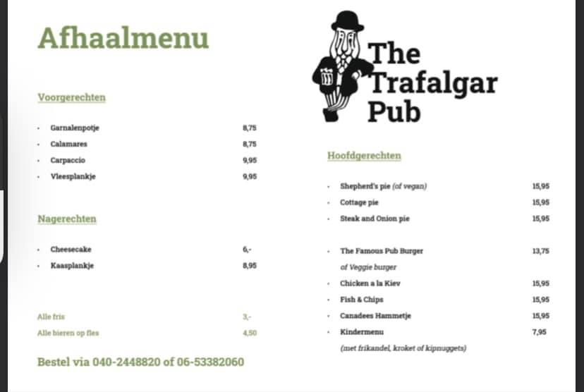 Menu at The Trafalgar Pub, Eindhoven