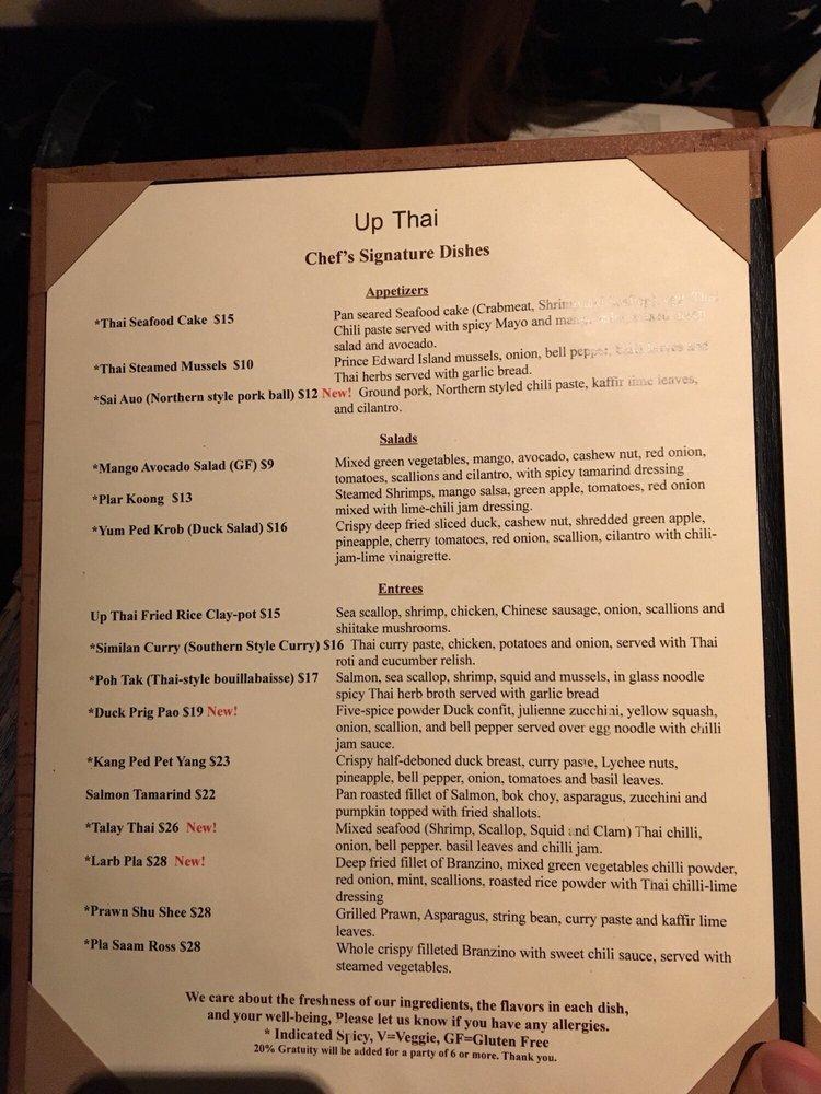 Menu at Up Thai restaurant, New York City