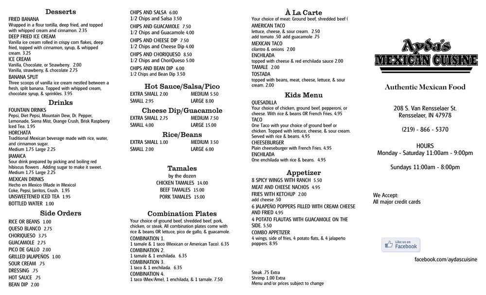 Menu at Ayda's Mexican Cuisine restaurant, Rensselaer, 208 S Van ...