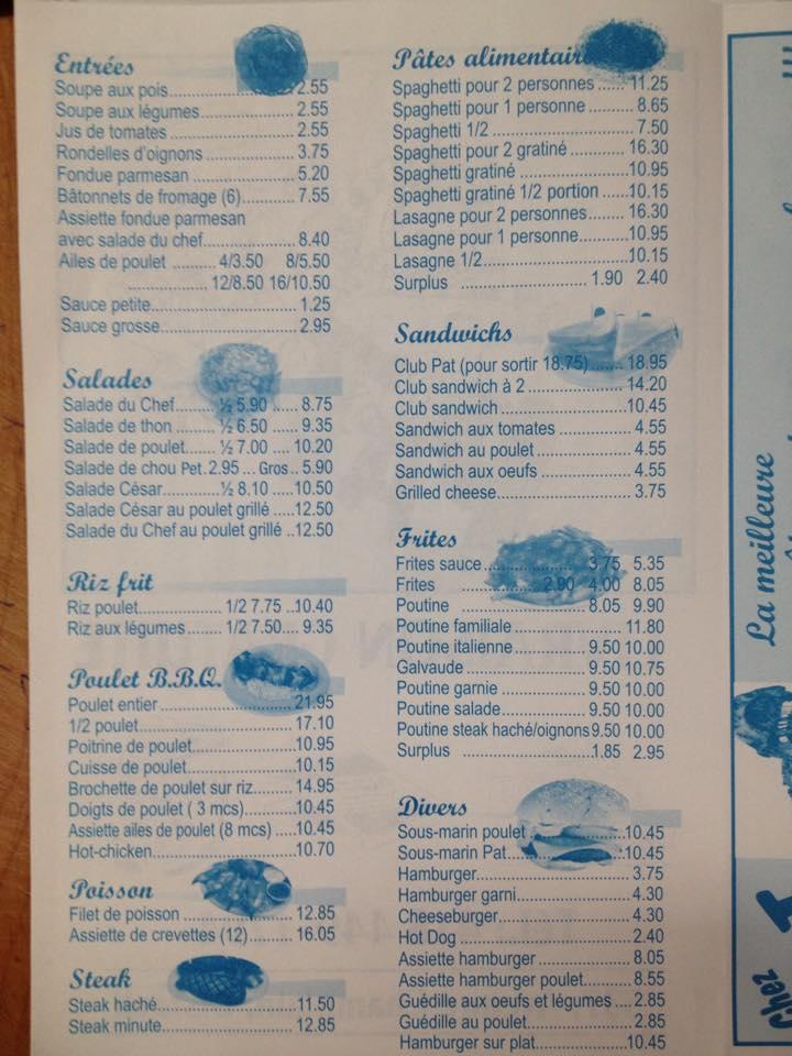 Menu au Restaurant Chez Pat Disraeli, Disraeli