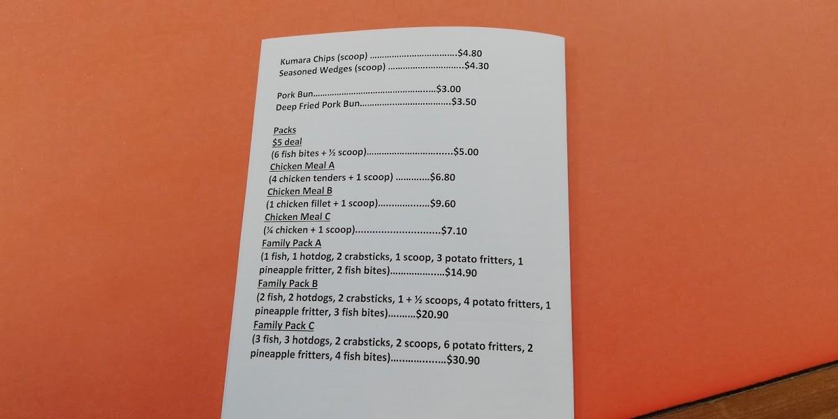 Menu at Clouston Park Fisheries Fish & Chips restaurant, Upper Hutt