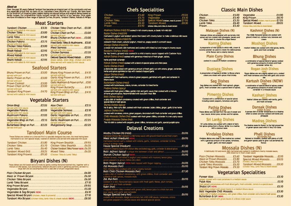 Carta de comida rápida Delaval Tandoori, Holywell