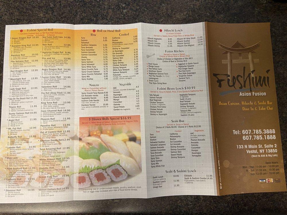 Menu at Fushimi Asian Fusion restaurant, Vestal