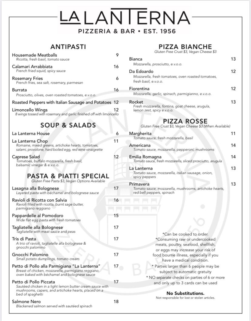 Menu at La Lanterna pub & bar, Detroit, Griswold St