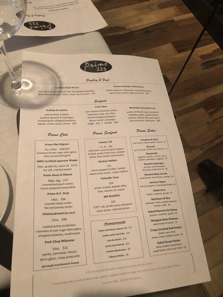 Menu at Prime 225 pub & bar, Chesapeake City