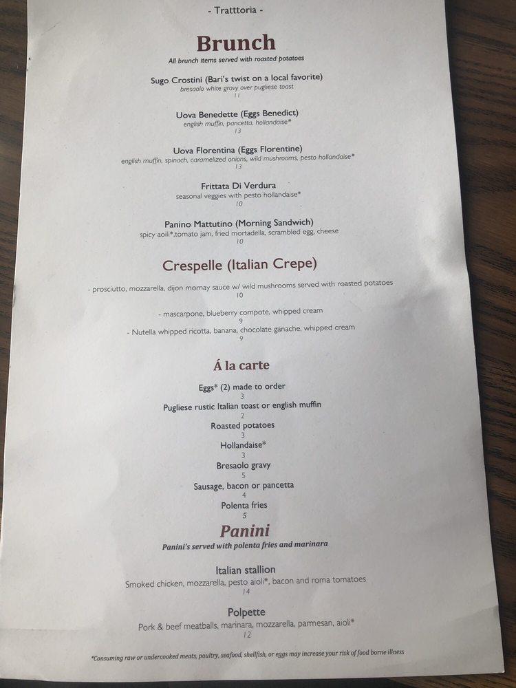 Menu at Bari Trattoria, Eugene
