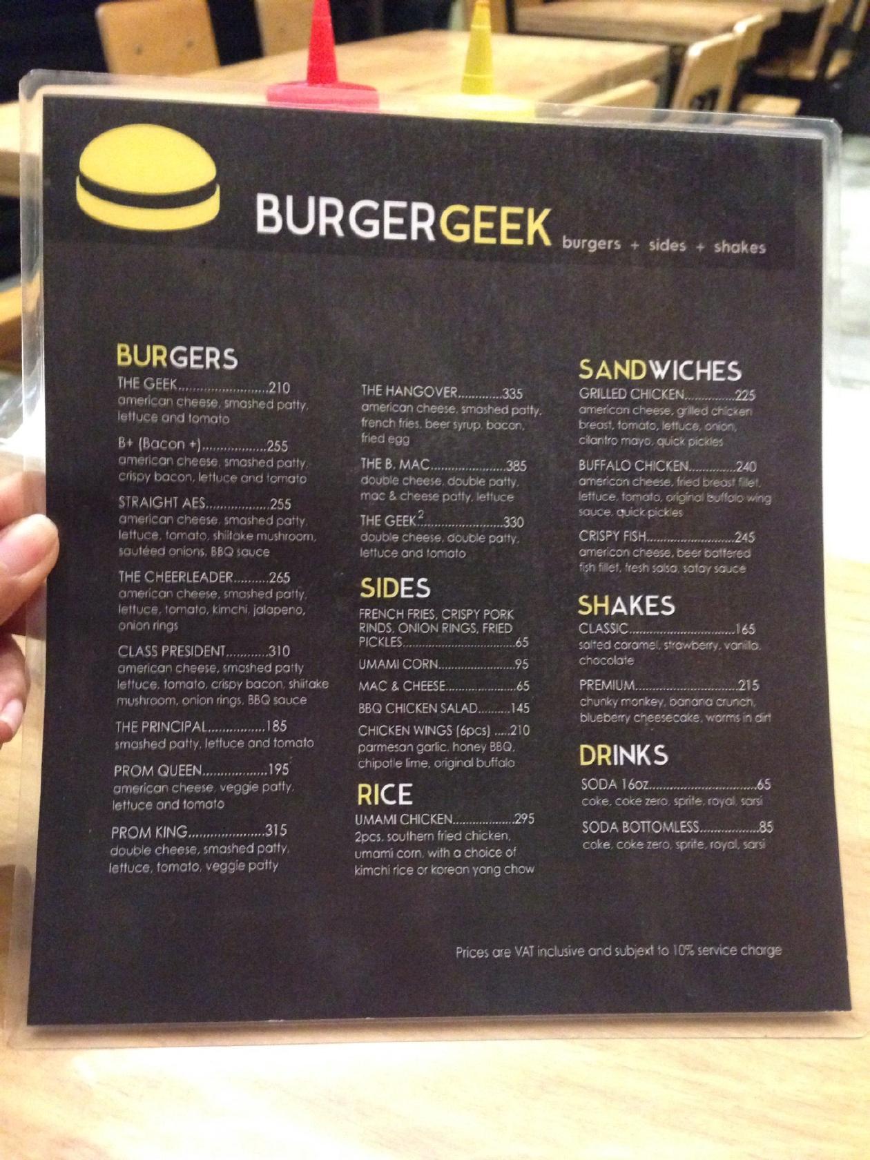 Menu at Burger Geek restaurant, Muntinlupa