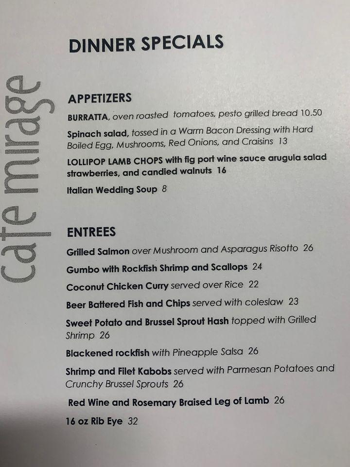 Menu at Cafe Mirage, Ocean City