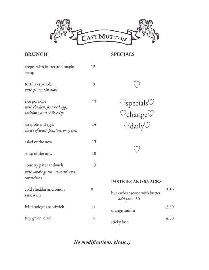 Menu at Cafe Mutton, Hudson
