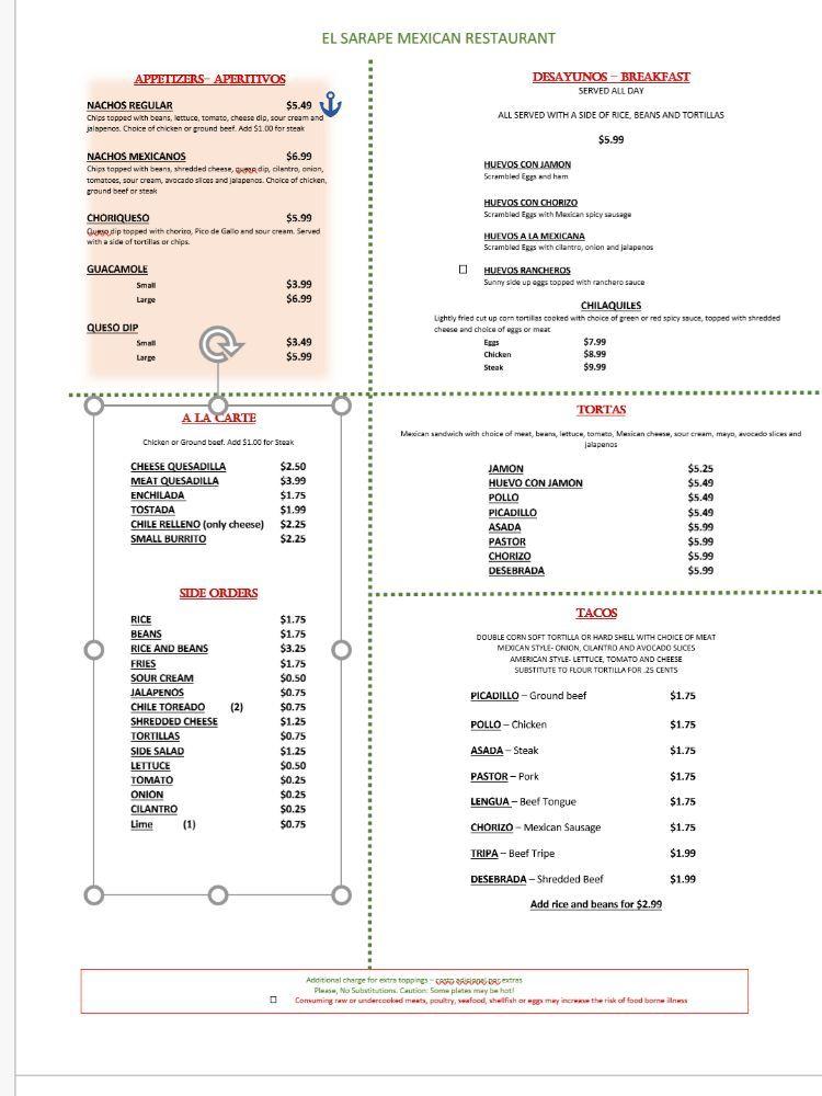 Menu at El Sarape restaurant, West Liberty