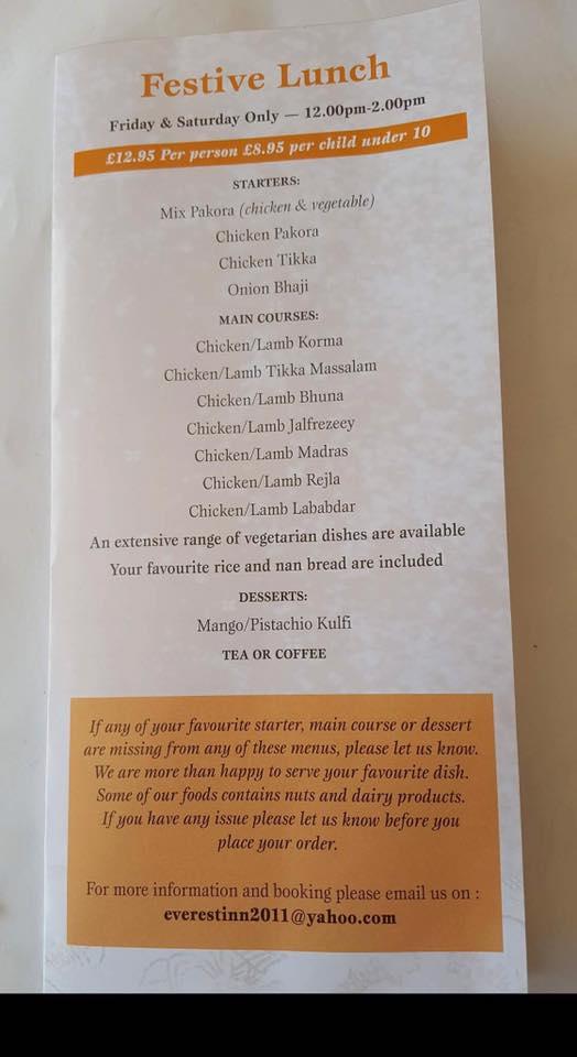Menu at Everest Inn restaurant, Dunfermline