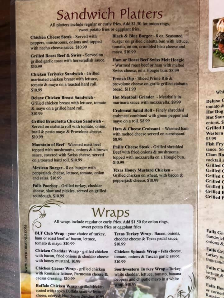 Menu at Fall's Diner restaurant, Hoosick Falls