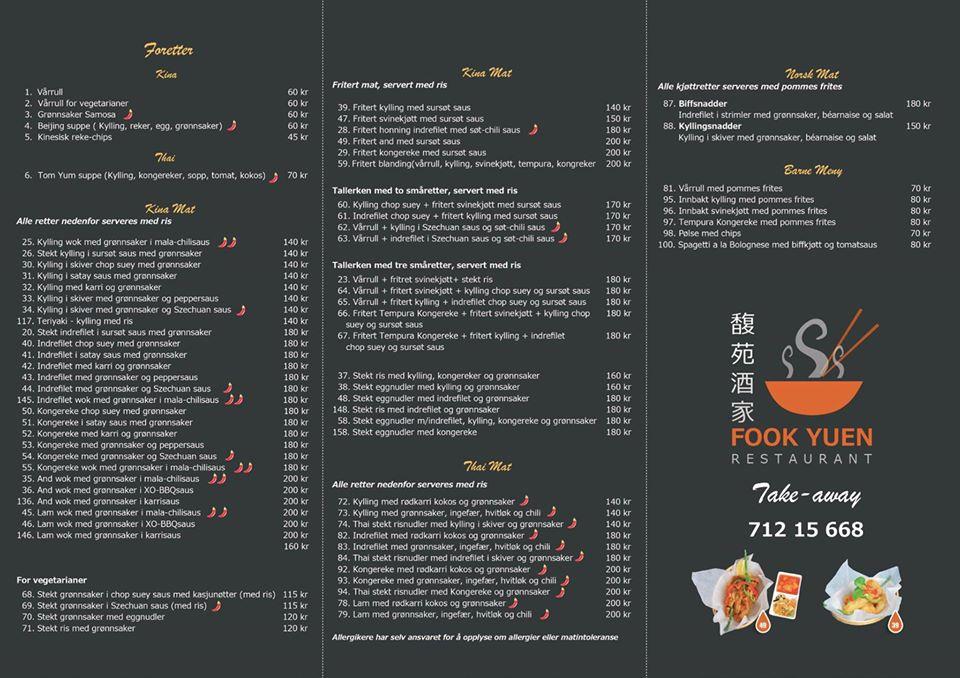 Menu at Fook Yuen restaurant, Molde