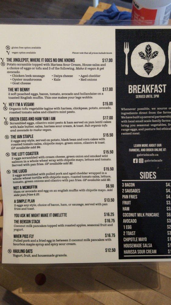 Menu at Gabriel's Cafe, Nanaimo