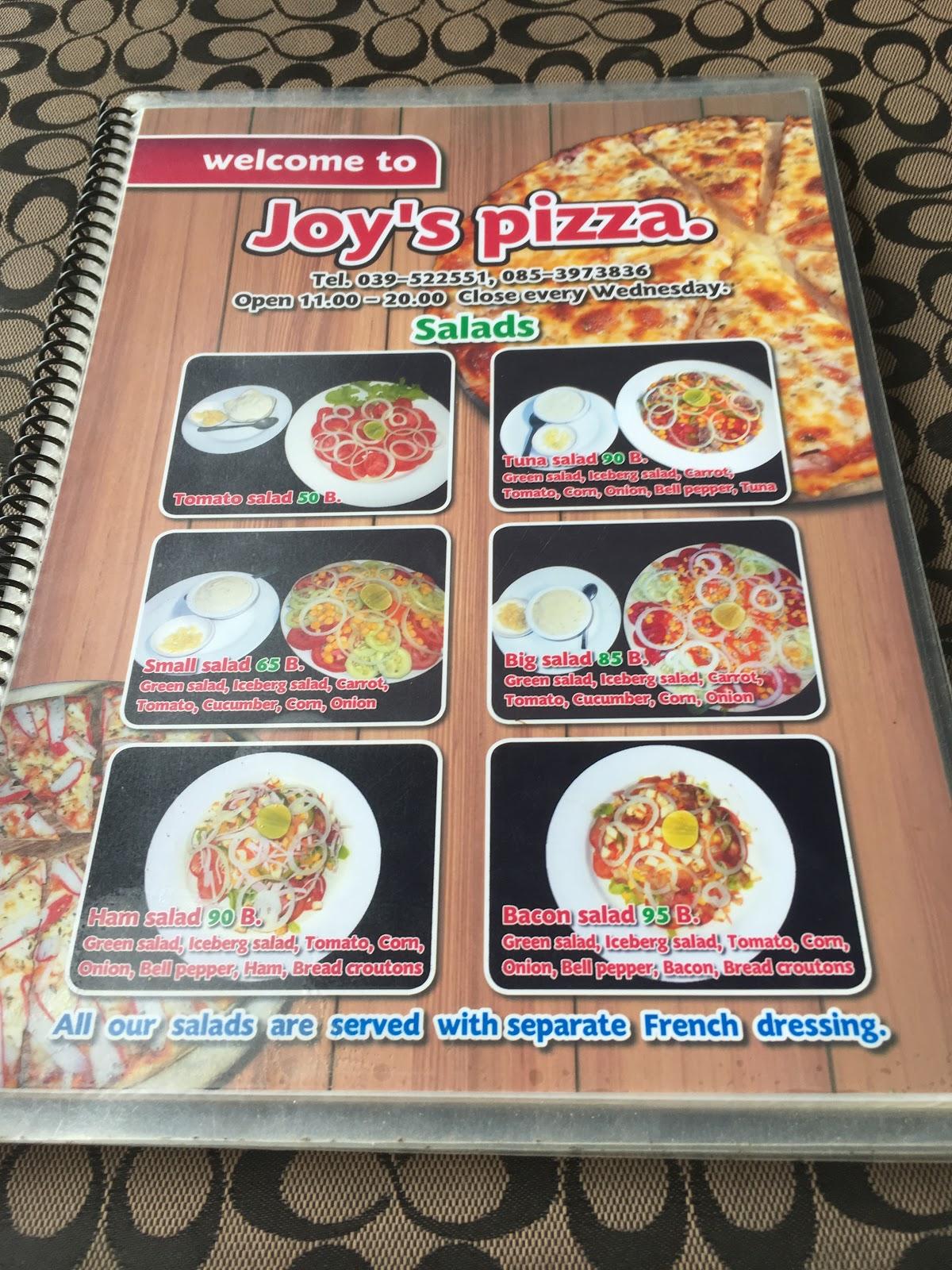 Menu at Joy´s Pizza restaurant, Bang Phra