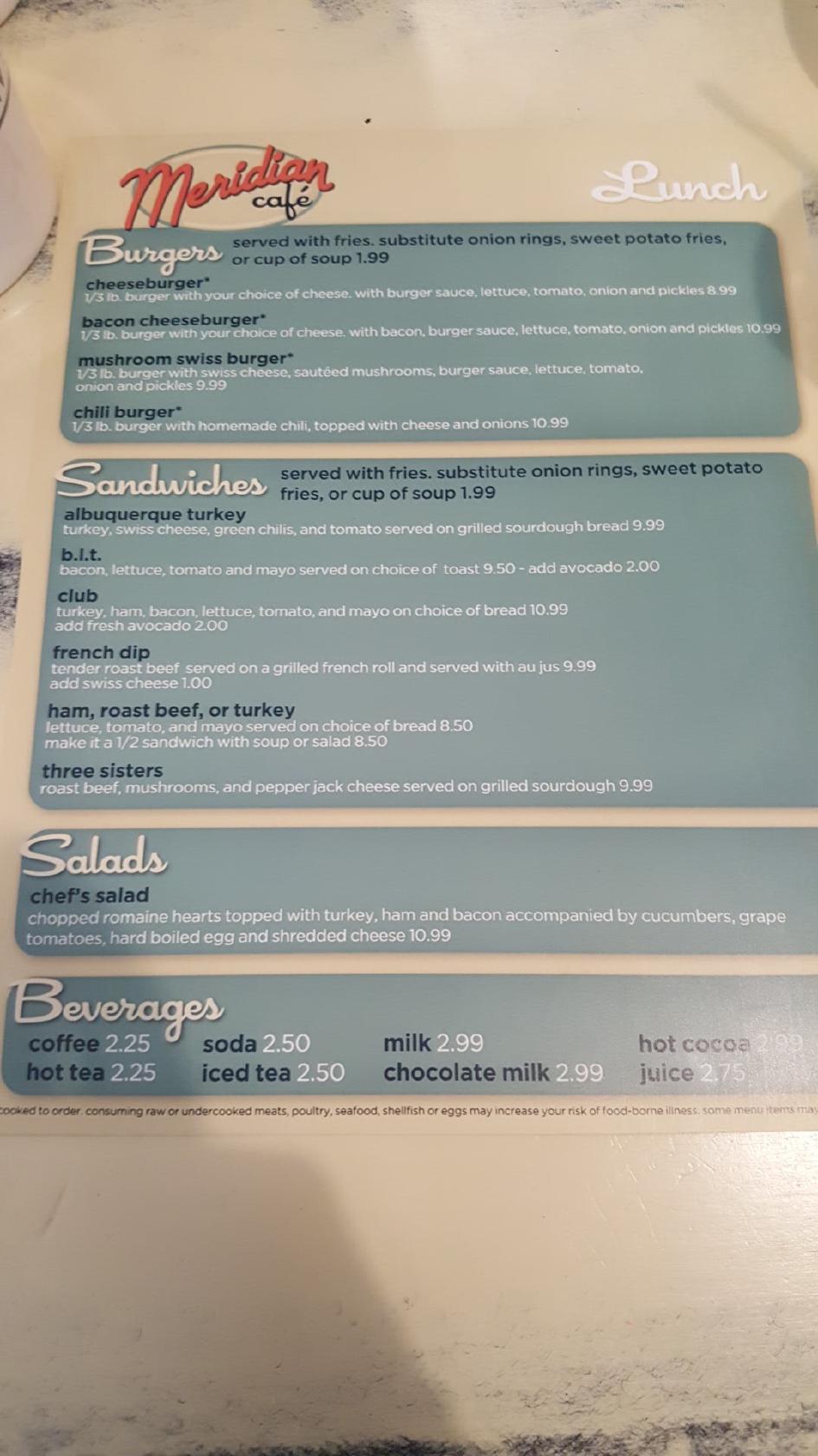 Menu at Meridian Cafe, Puyallup
