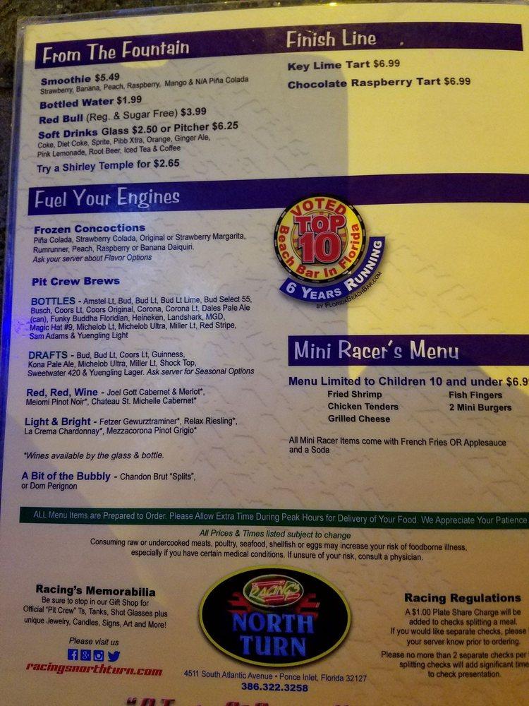 Menu at Racing's North Turn restaurant, Ponce Inlet