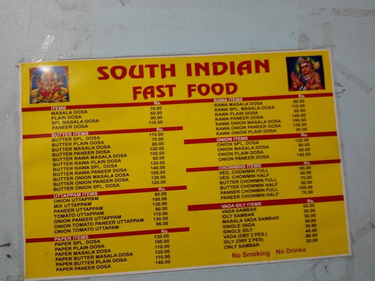 Menu at South Indian Fast Food, Delhi, Ram Kumar Gautam Marg