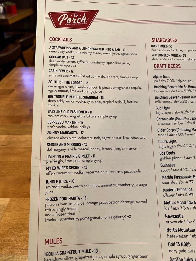 Menu at The Porch pub & bar, Tempe