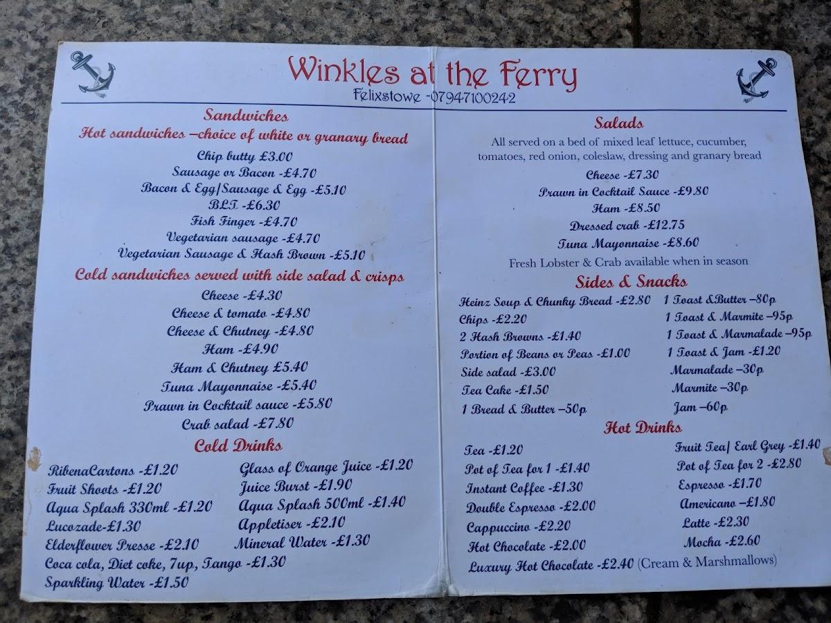 Menu at Winkles at the Ferry restaurant, Felixstowe