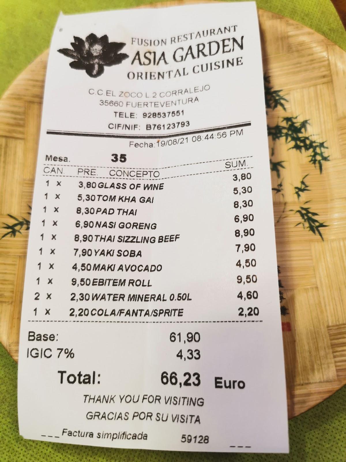 Menu at Asia Garden restaurant, Corralejo