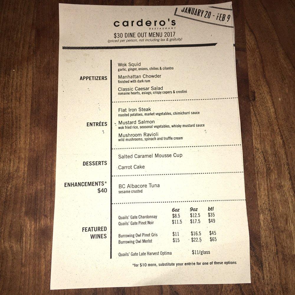 Menu at Cardero's Restaurant, Vancouver
