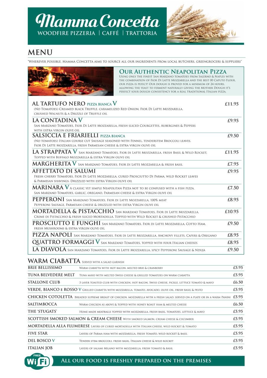 Menu at Mamma Concetta cafe, Bedford, 35-37 Harpur St