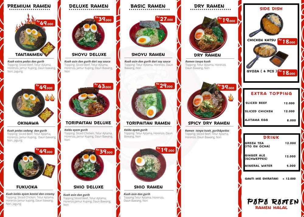 Menu at Papa Ramen restaurant, South Jakarta