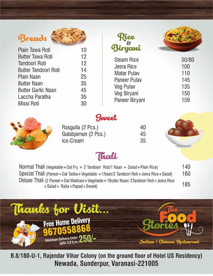 Menu at The Food Stories, Varanasi, Ground Floor of Hotel U.S Residency