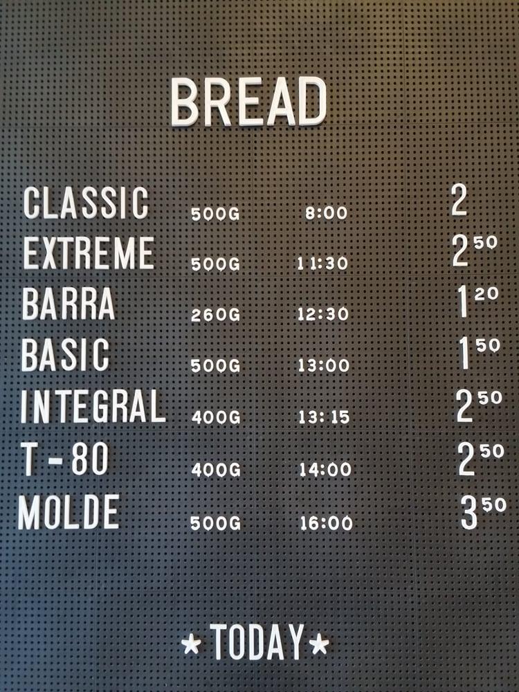 Menu at The Loaf restaurant, San Sebastián, Zurriola Hiribidea