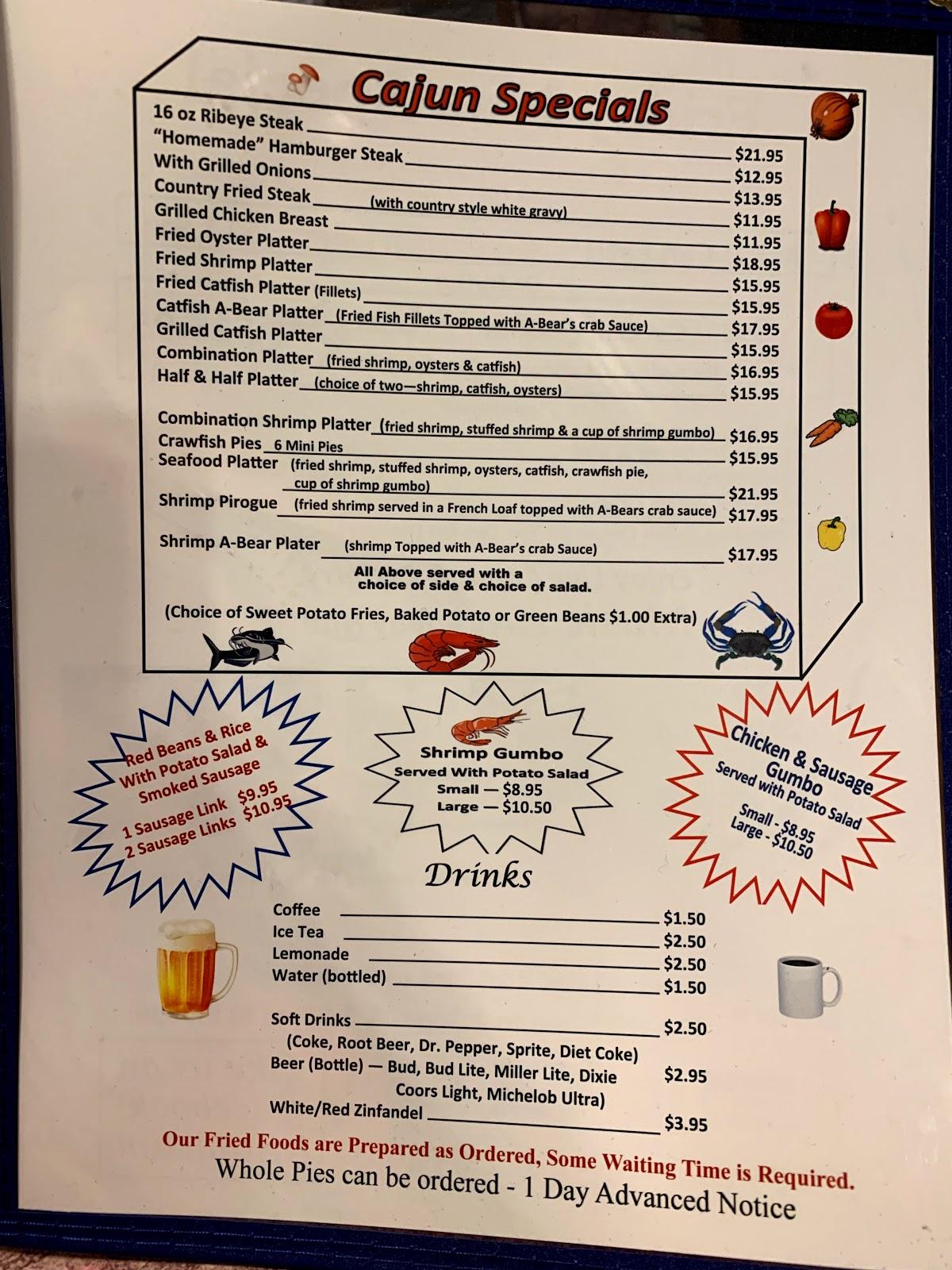 Menu at Abear's Cafe, Houma