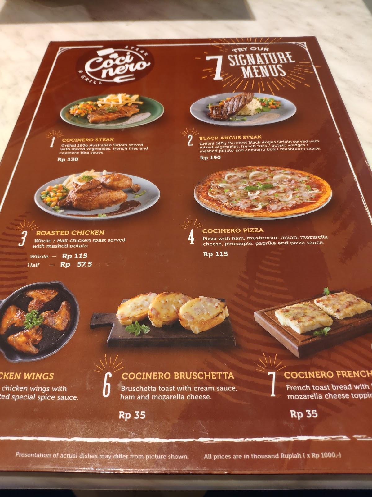 Menu at Cocinero Grill steakhouse, Surabaya