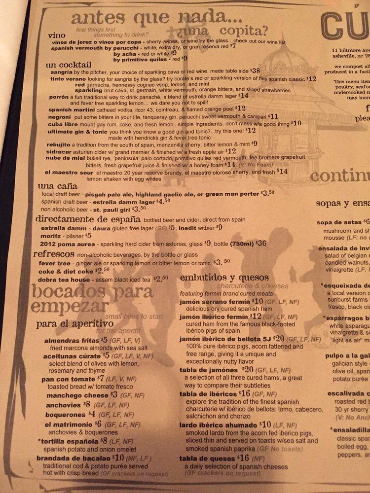 Menu at Cúrate pub & bar, Asheville