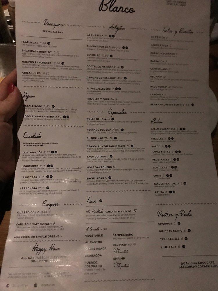 Menu at Gallo Blanco restaurant, Phoenix, 928 E Pierce St