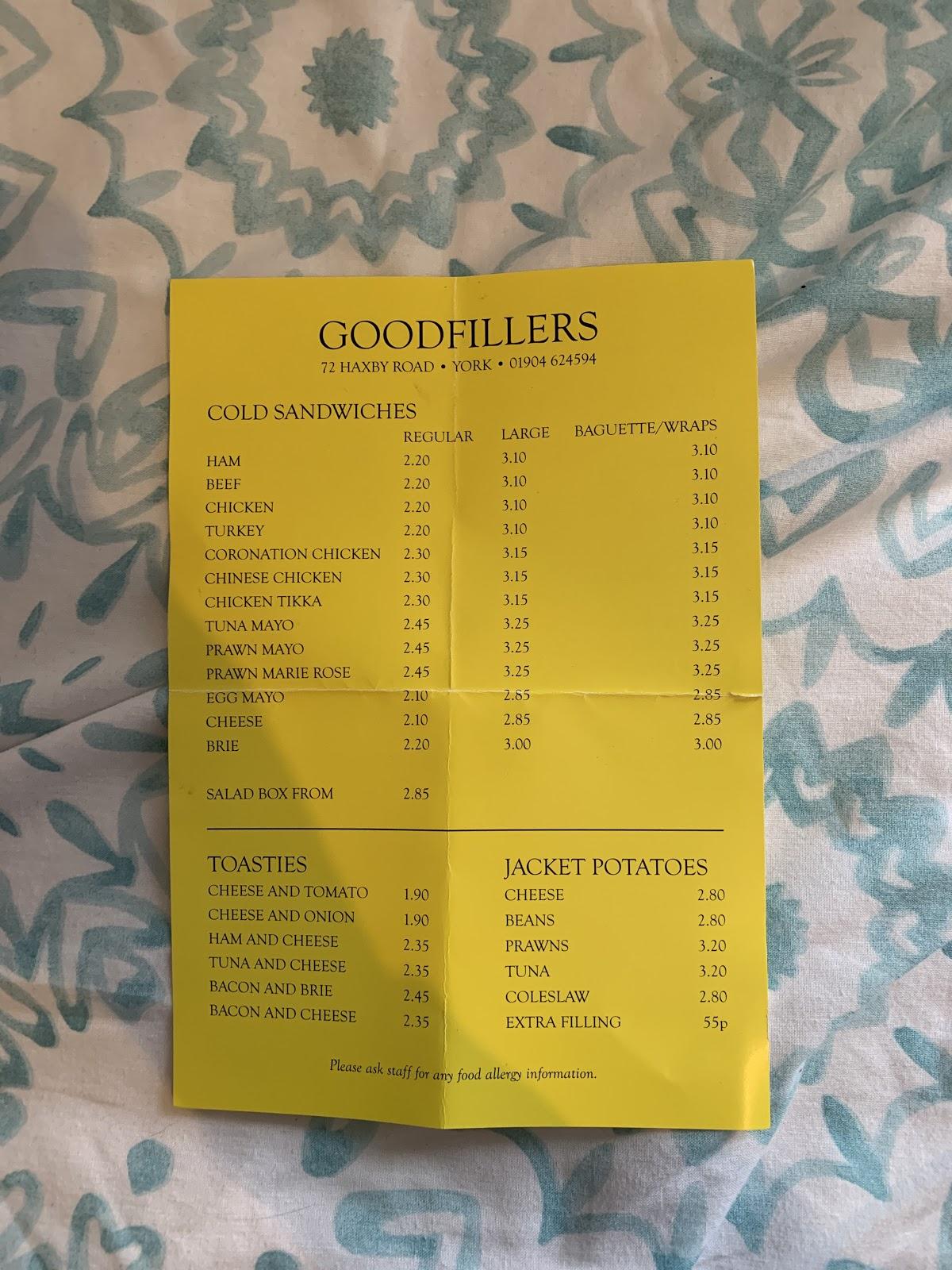 Menu at Goodfillers york cafe, York